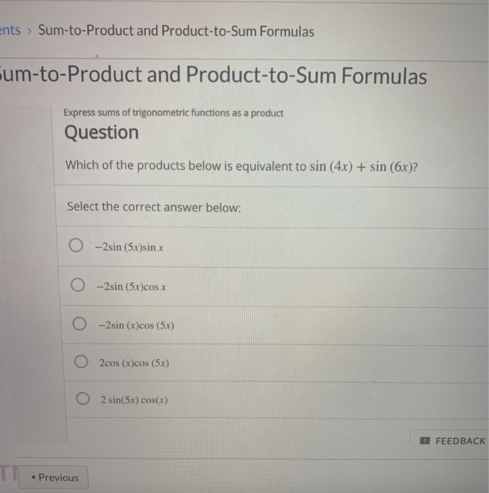 Solved ents > Sum-to-Product and Product-to-Sum Formulas | Chegg.com