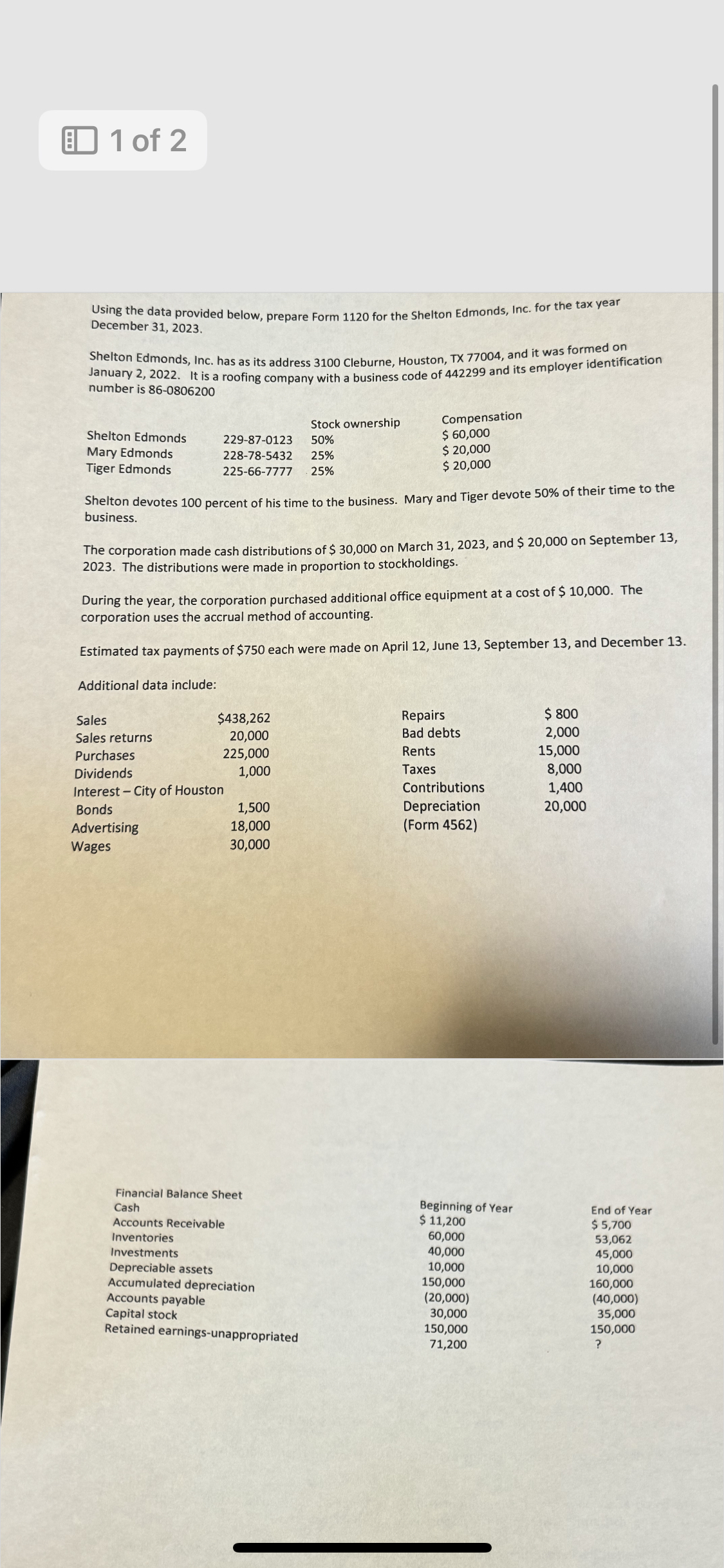 Solved Using the data provided below, prepare Form 1120 ﻿for | Chegg.com