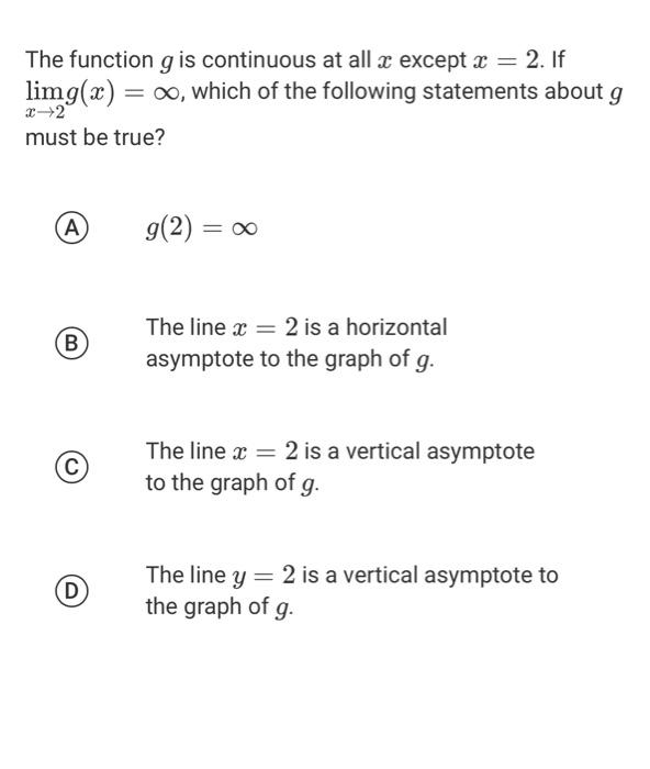 Solved The function g is continuous at all x except x=2. If | Chegg.com