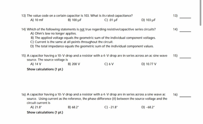 Solved 13) The value code on a certain capacitor is 103. | Chegg.com
