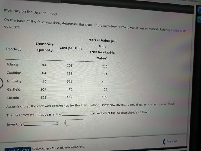 Inventory on the Balance Sheet On the basis of the | Chegg.com