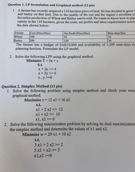 Solved Question 1 Lp Formulation And Graphical Method 12
