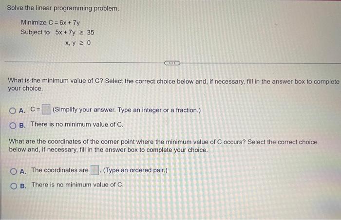 Solved Solve the linear programming problem. Minimize | Chegg.com