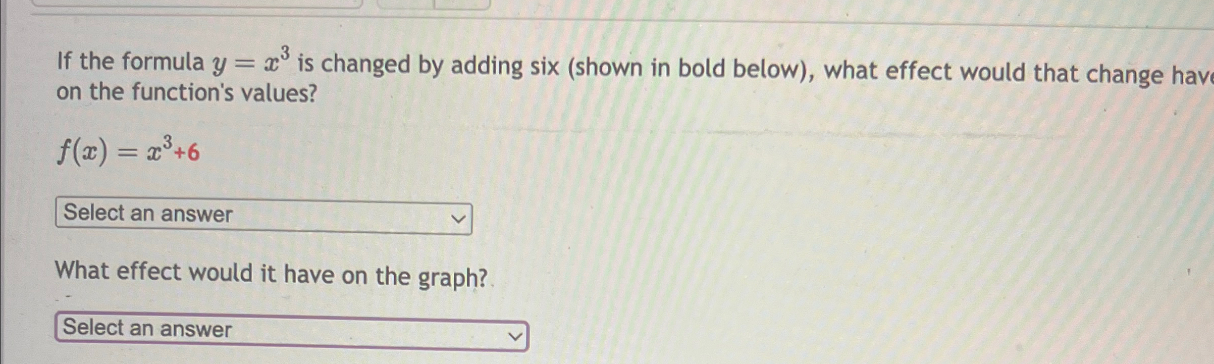 Solved If the formula y=x3 ﻿is changed by adding six (shown | Chegg.com