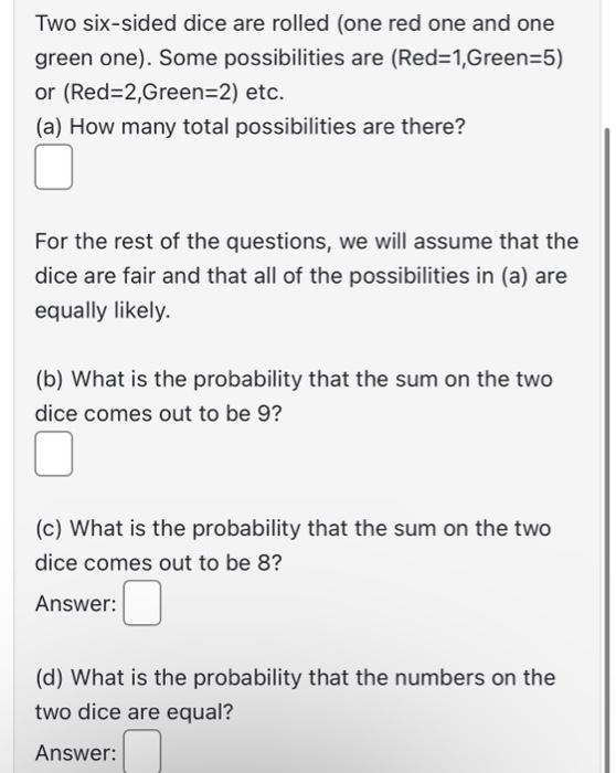 Solved Two six-sided dice are rolled (one red one and one | Chegg.com
