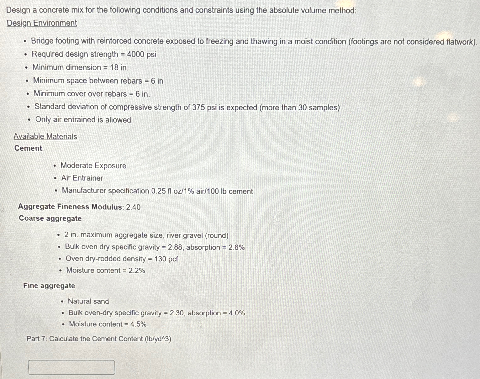 Solved Design a concrete mix for the following conditions | Chegg.com