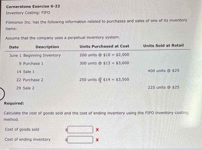 Solved Cornerstone Exercise 6-22 Inventory Costing: FIFO | Chegg.com