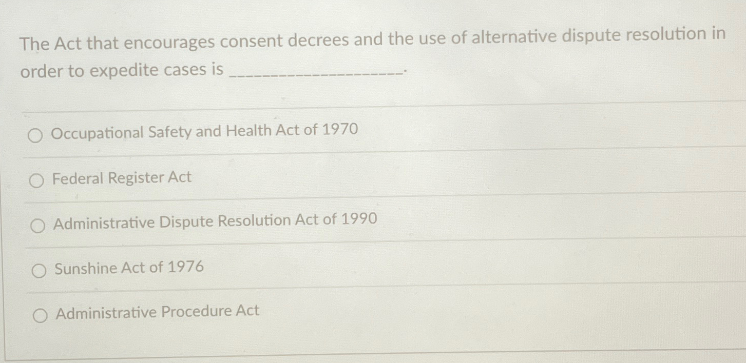 Solved The Act that encourages consent decrees and the use | Chegg.com