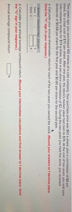 Solved Two years ago, you purchased 100 shares of a cola | Chegg.com