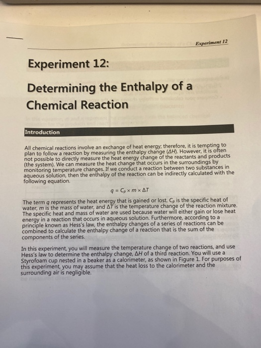 Experiment 12 Experiment 12: Determining the Enthalpy | Chegg.com