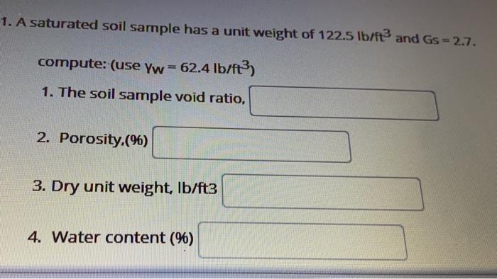 Solved 1. A saturated soil sample has a unit weight of 122.5 | Chegg.com