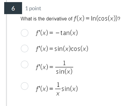 Solved 1 ﻿pointWhat is the derivative of | Chegg.com