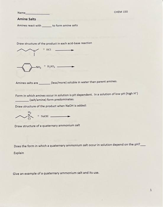 Solved Amine Salts Amines react with to form amine salts | Chegg.com