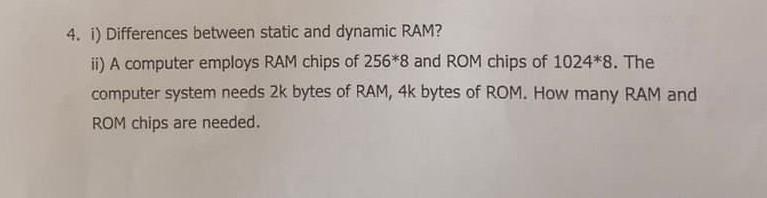 Solved 4. i) Differences between static and dynamic RAM? ii) | Chegg.com