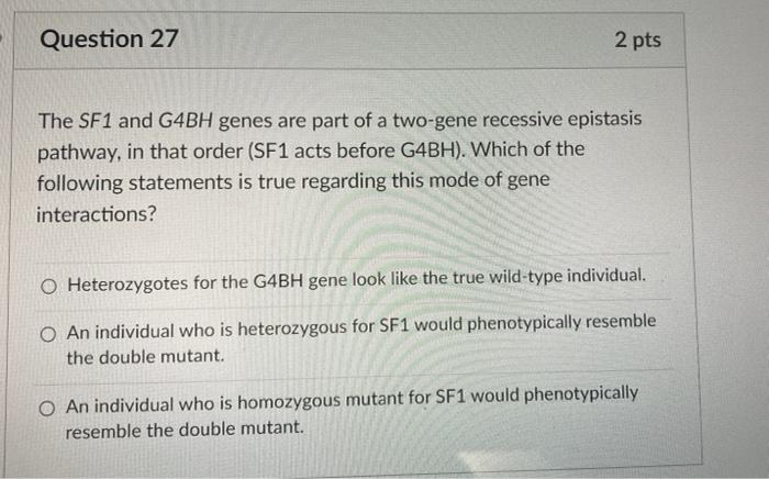 Solved Question 27 2 pts The SF1 and G4BH genes are part of | Chegg.com
