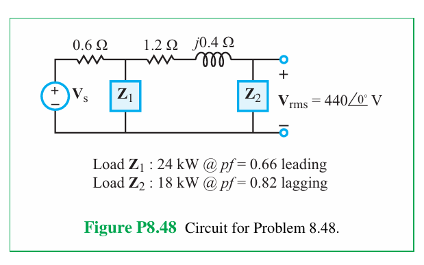 Solved Load Z1:24kW@pf=0.66 ﻿leadingLoad Z2:18kW@pf=0.82 | Chegg.com
