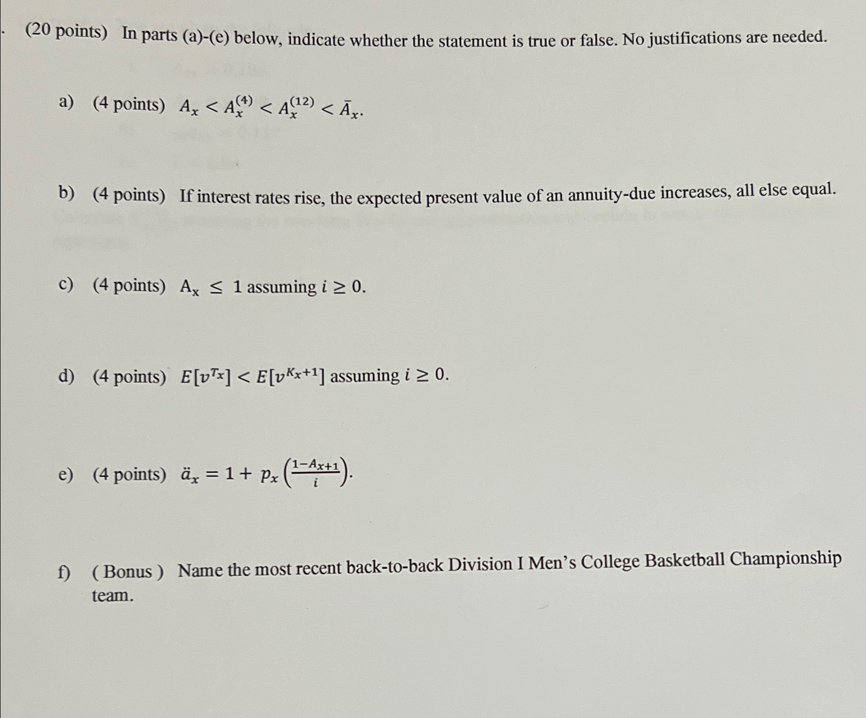 Solved (20 ﻿points) ﻿In parts (a)-(e) ﻿below, indicate | Chegg.com