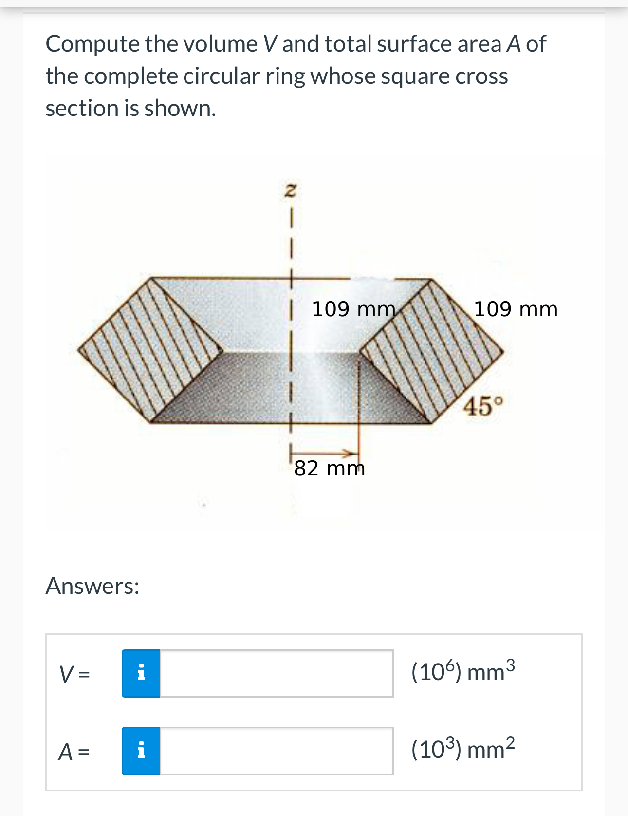 Solved Compute the volume V and total surface area A ﻿of the | Chegg.com