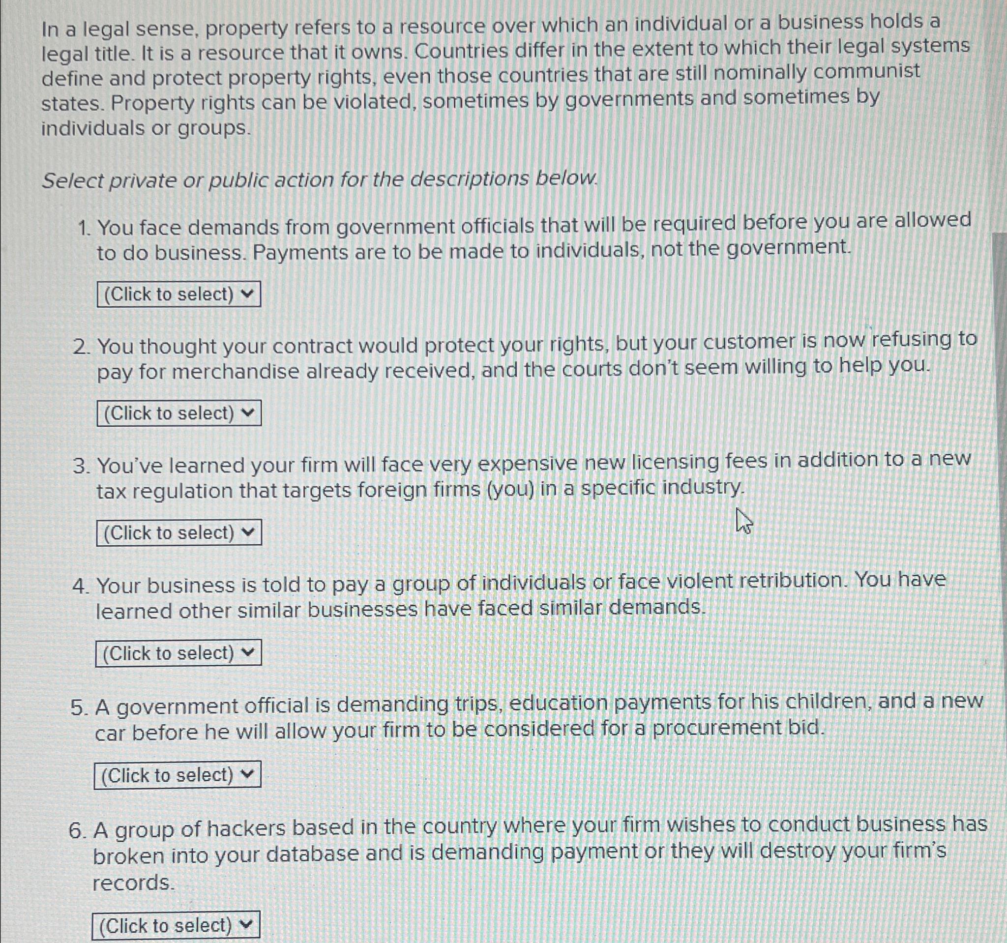 Solved In a legal sense, property refers to a resource over | Chegg.com