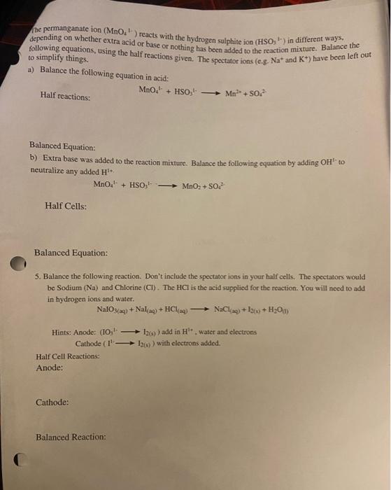 Solved Ahe permanganate ion (MnO4L) reacts with the hydrogen | Chegg.com