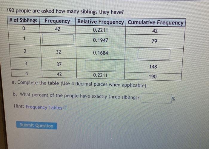 Solved 190 people are asked how many siblings they have? # | Chegg.com