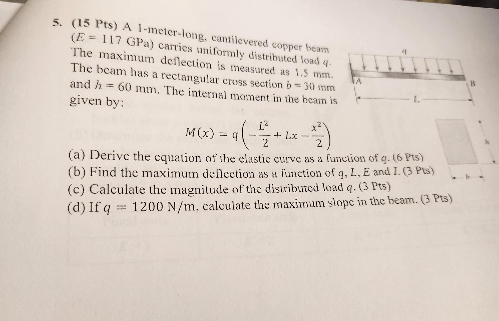 Solved 5. (15 Pts) A 1-meter-long, cantilevered copper beam | Chegg.com