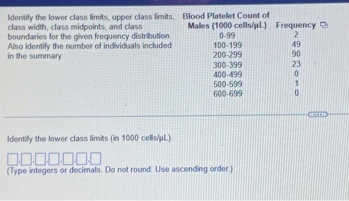 Solved Identify the lower class limits (in 1000 cells /μL ). | Chegg.com