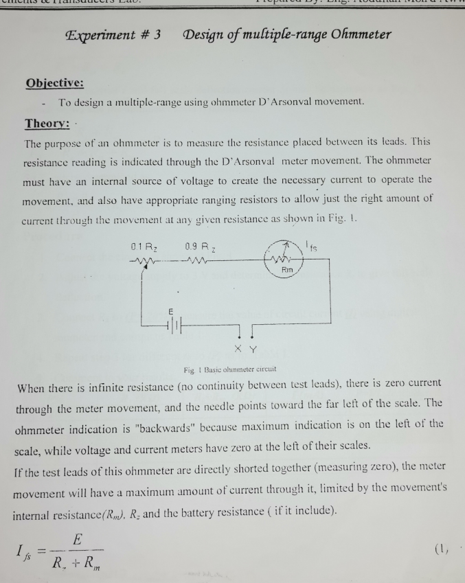 Experiment # 3 Design of multiple-range Ohmmeter | Chegg.com