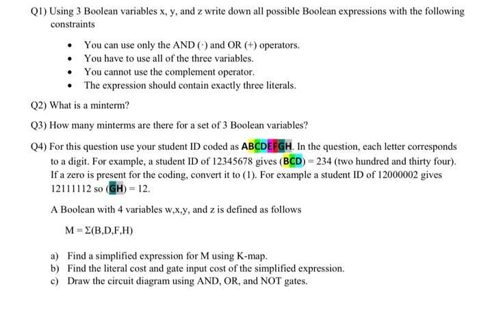 Solved Q1) Using 3 Boolean variables x, y, and z write down | Chegg.com