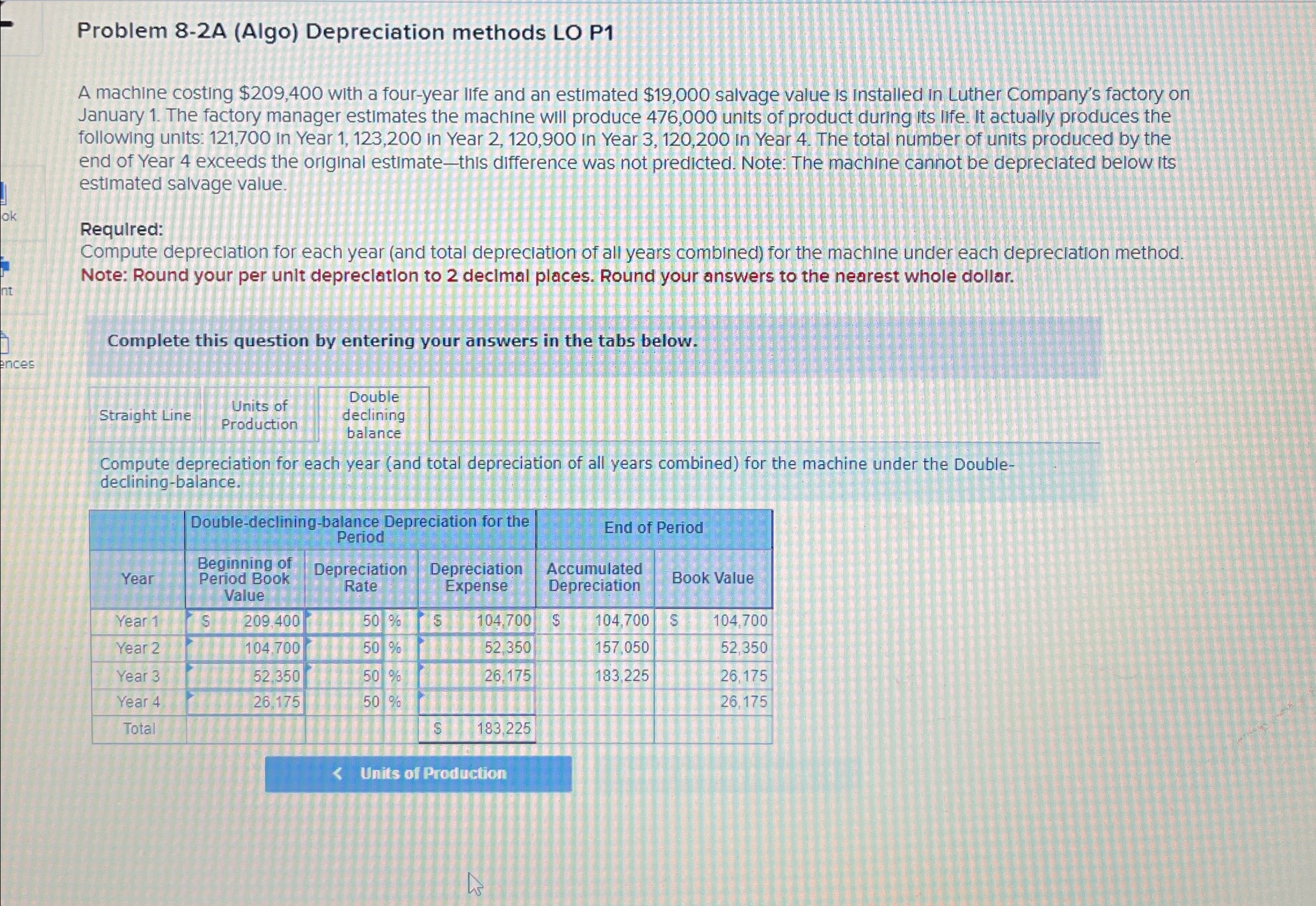 Solved Problem 8-2A (Algo) ﻿Depreciation methods LO P1A | Chegg.com
