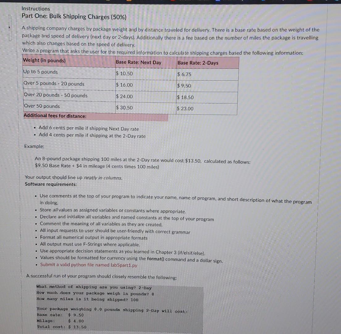 Solved Instructions Part One: Bulk Shipping Charges (50\%) A | Chegg.com