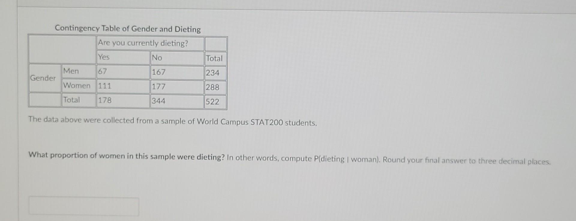 Solved Contingency Table Of Gender And Dieting Are You