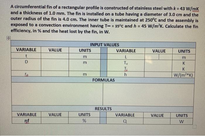 Solved A circumferential fin of a rectangular profile is | Chegg.com