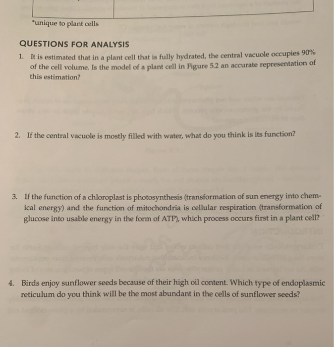 Solved *unique to plant cells QUESTIONS FOR ANALYSIS 1. It | Chegg.com