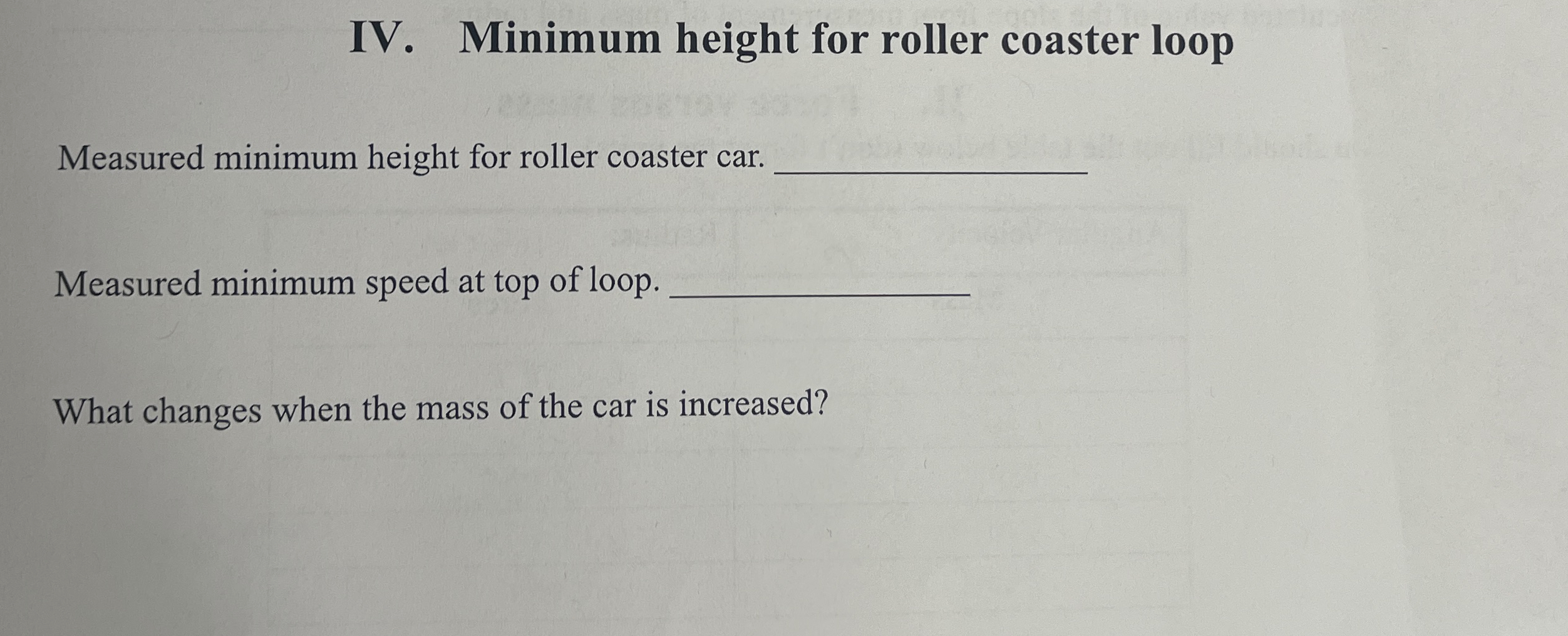 Solved IV. ﻿Minimum height for roller coaster loopMeasured | Chegg.com