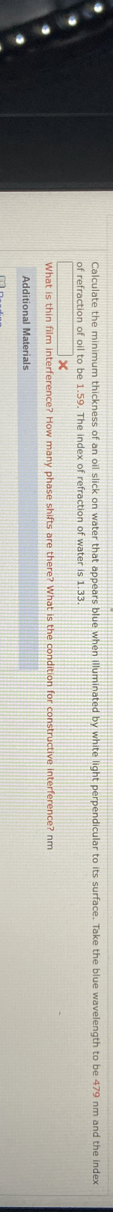 Solved Calculate the minimum thickness of an oil slick on | Chegg.com