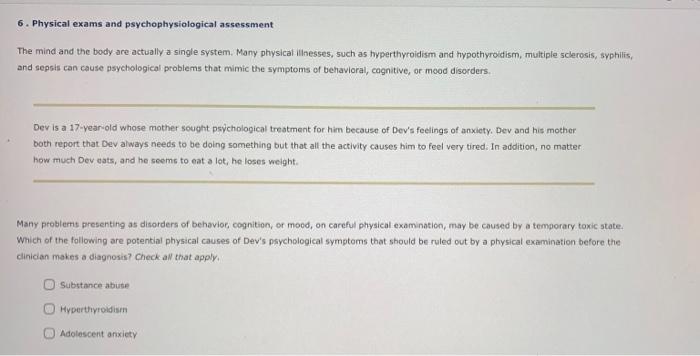 Solved 6. Physical exams and psychophysiological assessment | Chegg.com