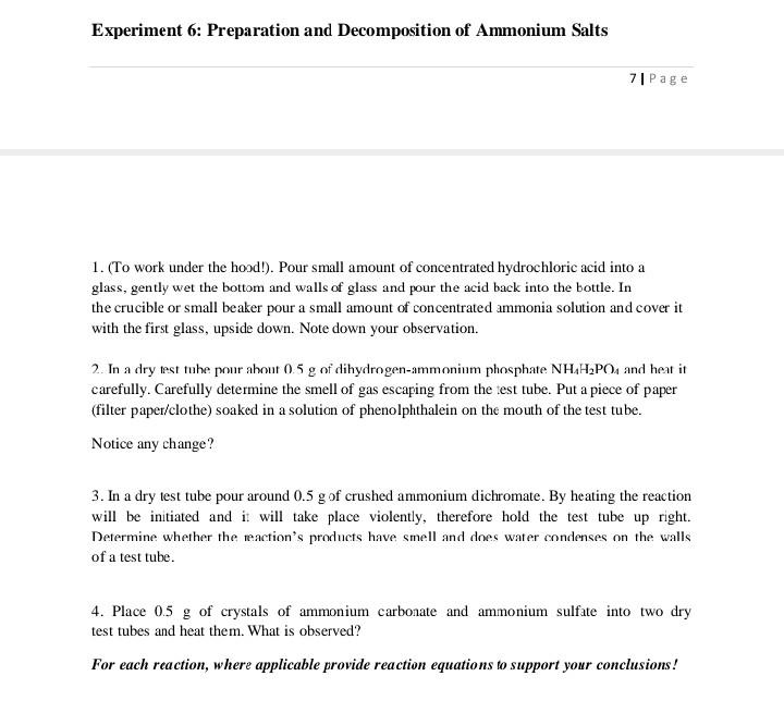 Solved Experiment 6: Preparation and Decomposition of | Chegg.com