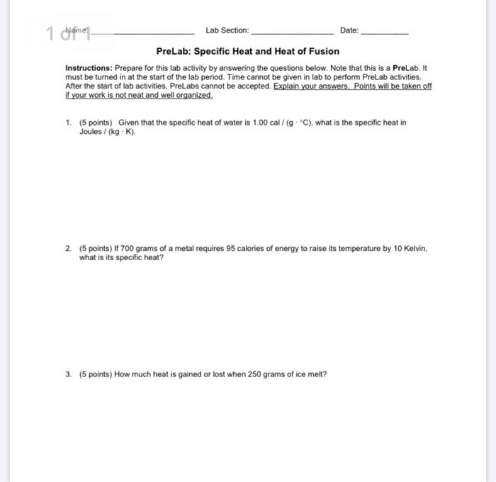 Solved 1 Name Lab Section: Date: PreLab: Specific Heat and | Chegg.com