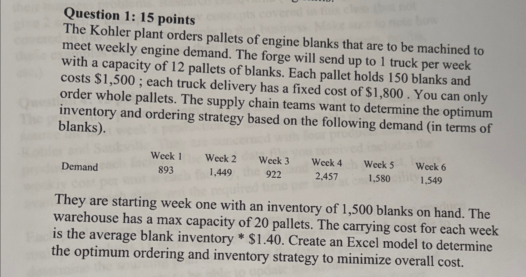 Solved Question 1: 15 ﻿pointsThe Kohler plant orders pallets | Chegg.com