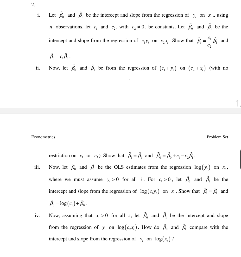 Solved i. ﻿Let hat(β)0 ﻿and hat(β)1 ﻿be the intercept and | Chegg.com