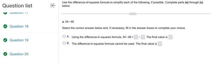 Solved Use the difference-of-squares formula to simplify | Chegg.com