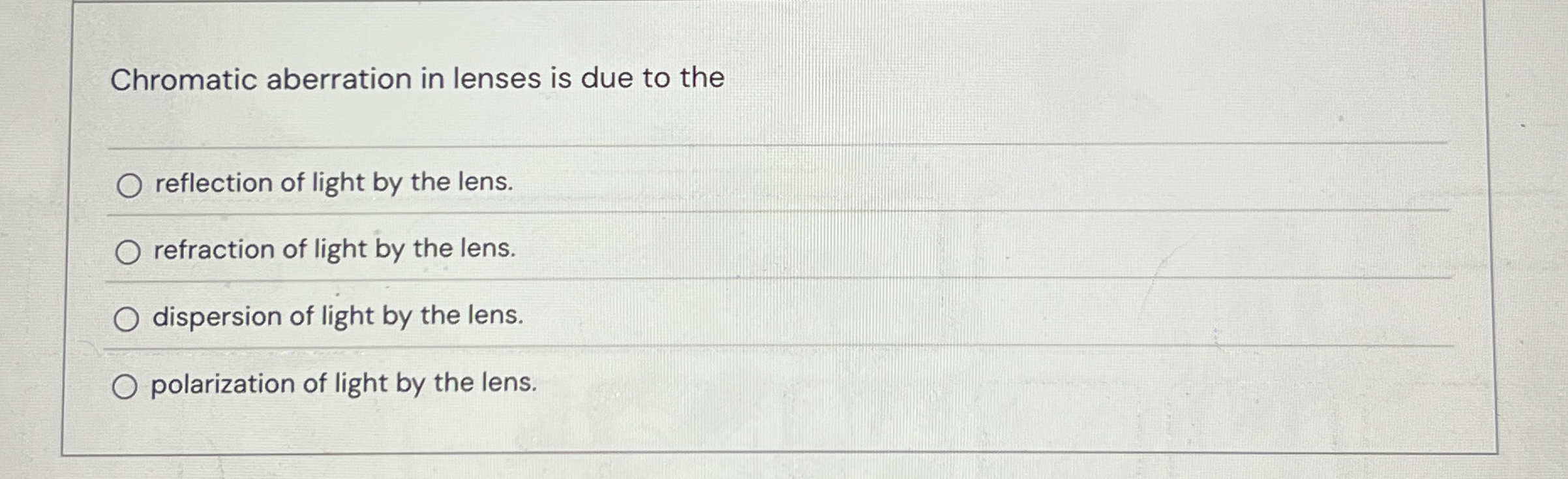 Solved Chromatic aberration in lenses is due to | Chegg.com