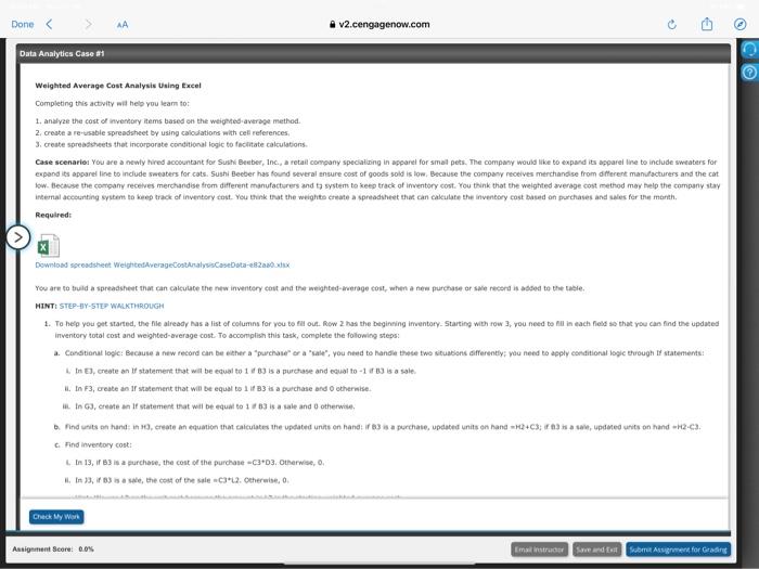Solved Weighted Average Cost Analysis Using Excel Completing | Chegg.com