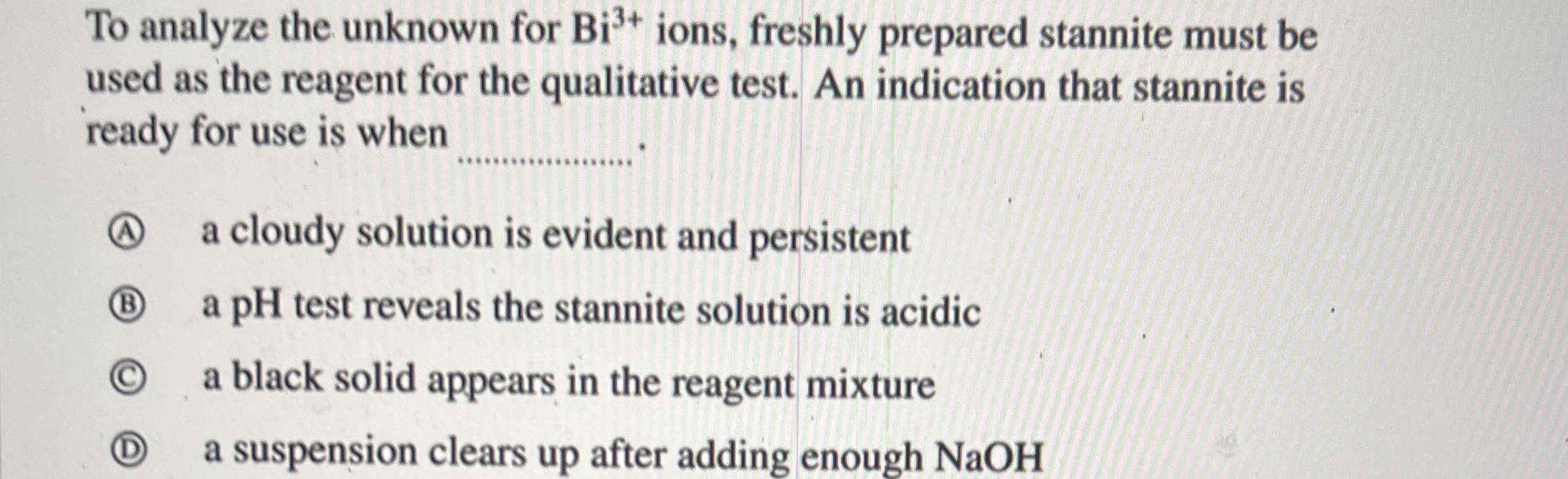 Solved To analyze the unknown for Bi3+ ﻿ions, freshly | Chegg.com