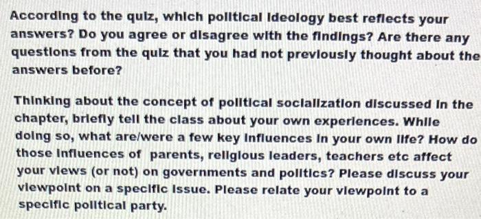 According to the quiz, which polltlcal Ideology best | Chegg.com