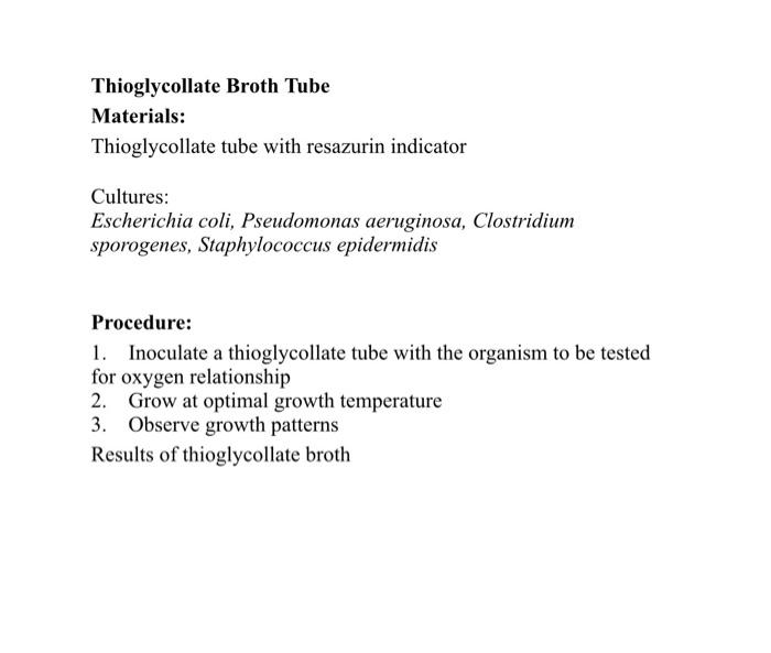 Solved Thioglycollate Broth Tube Materials: Thioglycollate | Chegg.com