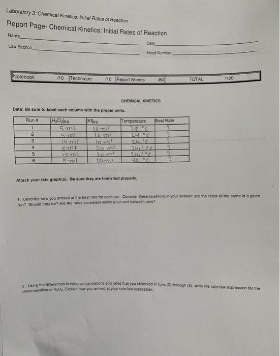 Laboratory 3: Chemical Kinetics: Initial Rates of | Chegg.com