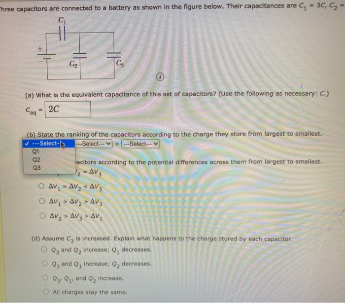 Solved Three capacitors are connected to a battery as shown | Chegg.com
