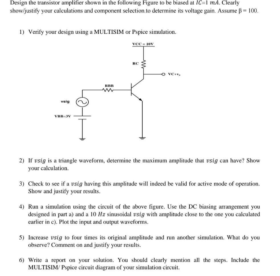 Solved Design the transistor amplifier shown in the | Chegg.com